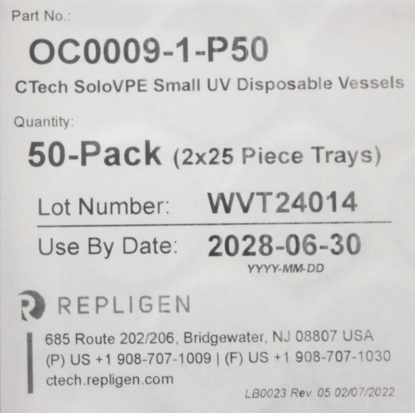 NEW Repligen OC0009-1-P50 ColoVPE Small UV Disposable Vessels 50pk